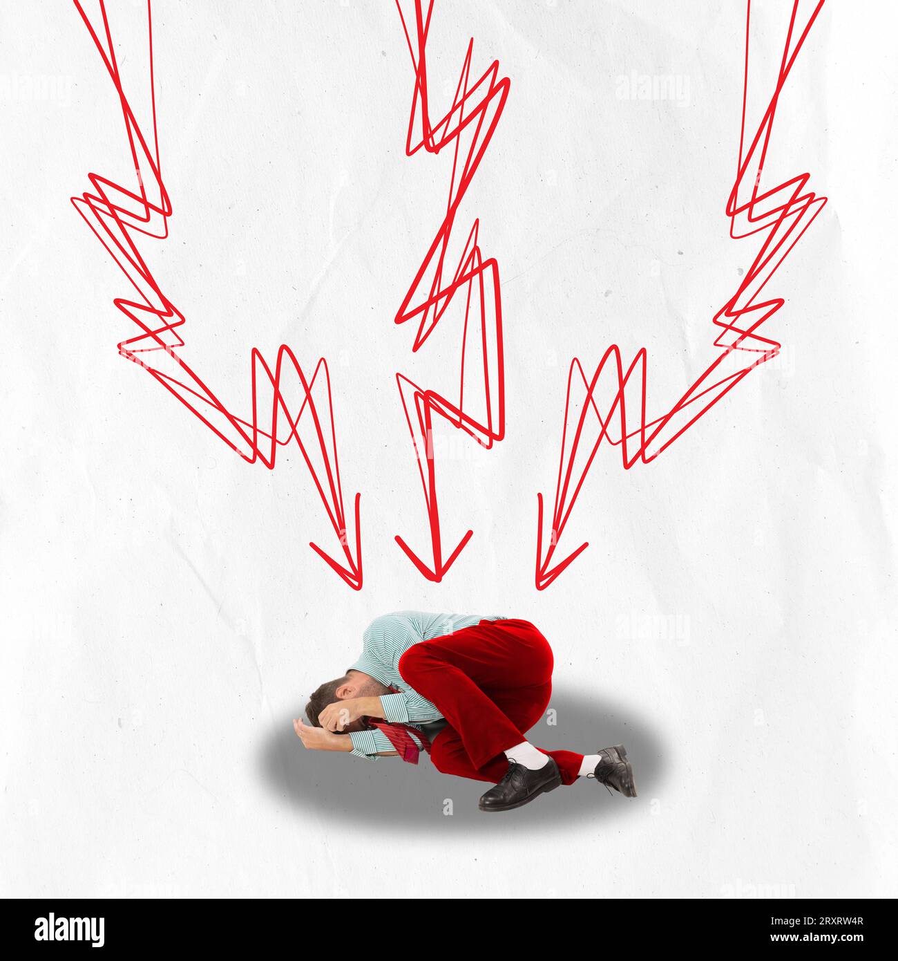 Contemporary art collage. One depressed businessman lying covering face ...