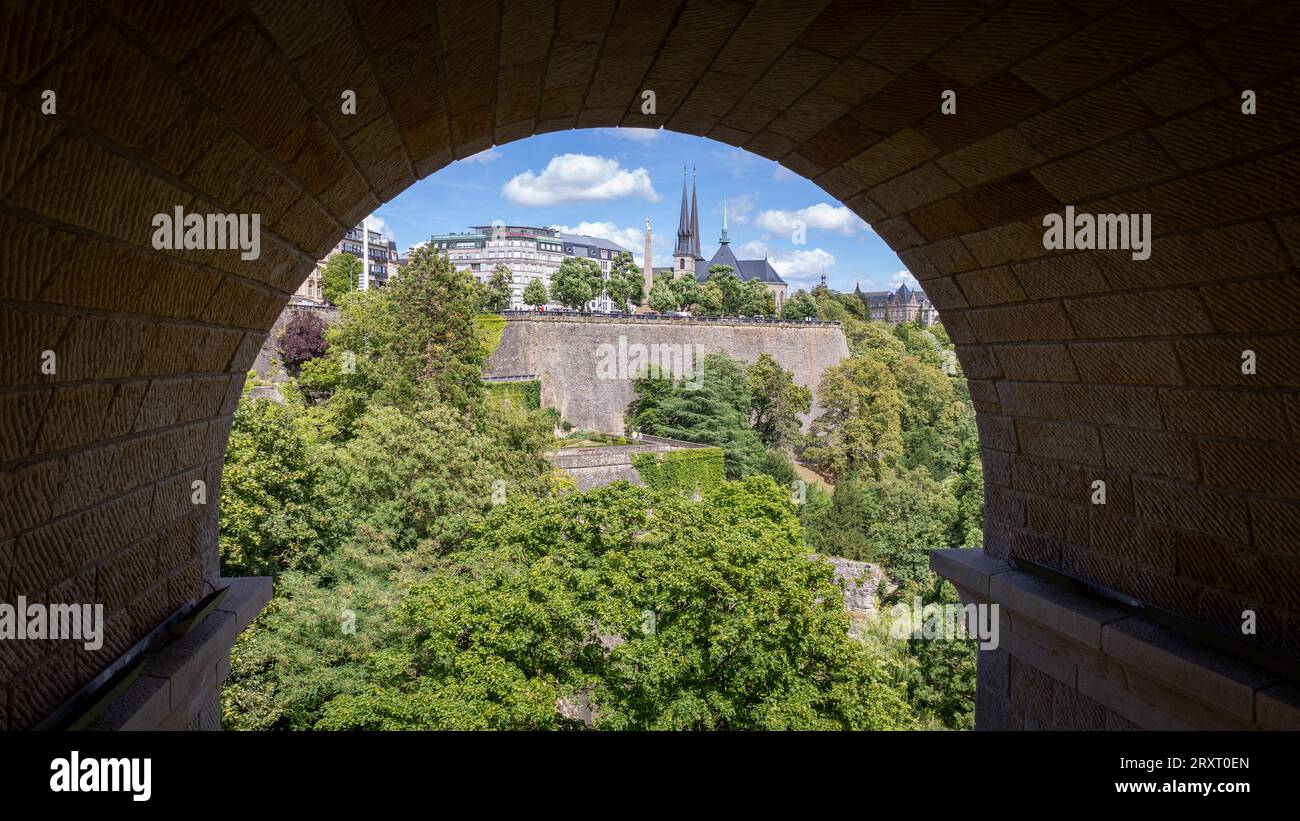 View of the center of Luxembourg from a view under the Adolf's Bridge ...