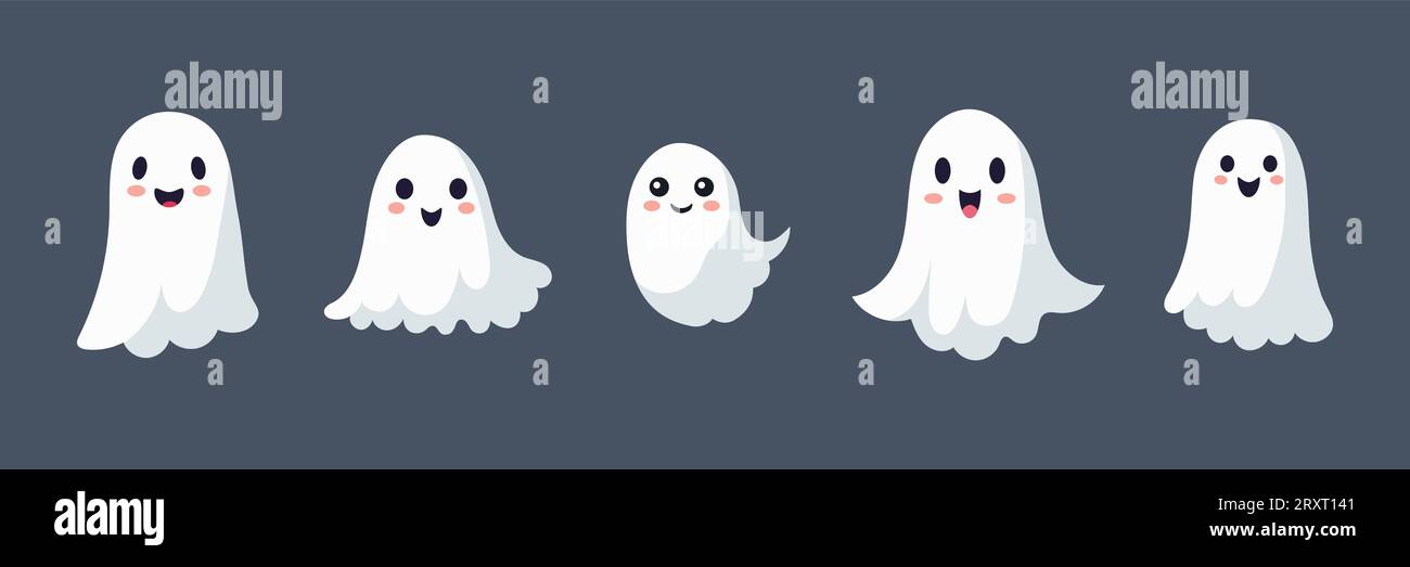 Set of ghosts with scary smiling faces for Halloween. Vector flat style ...