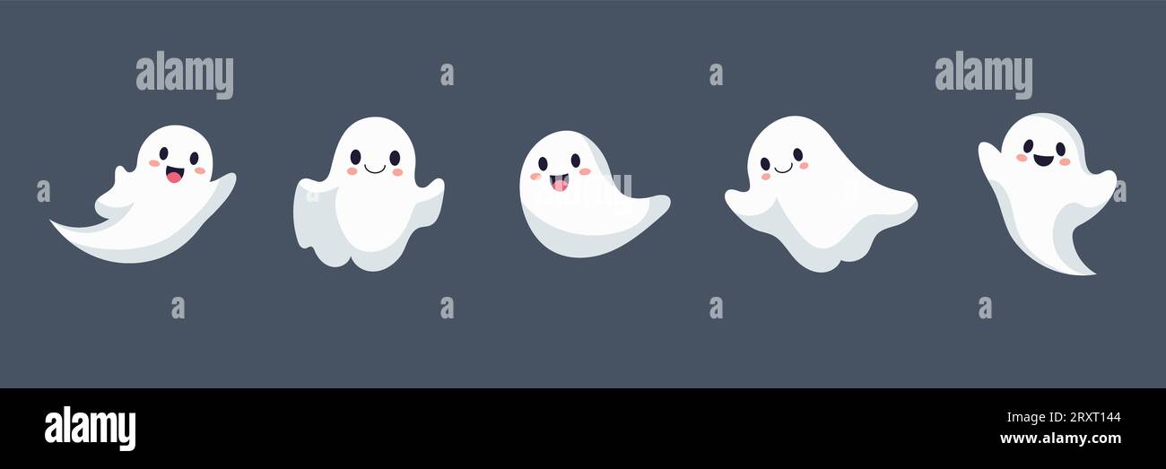 Set of ghosts with scary smiling faces for Halloween. Vector flat style ...