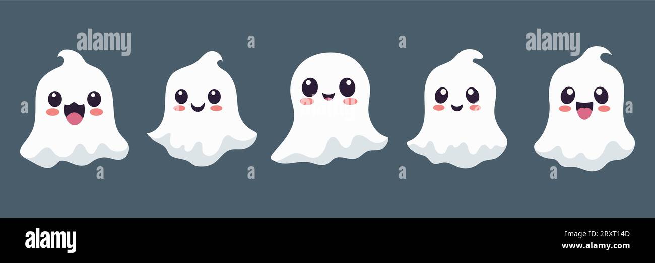 Set of ghosts with scary smiling faces for Halloween. Vector flat style ...