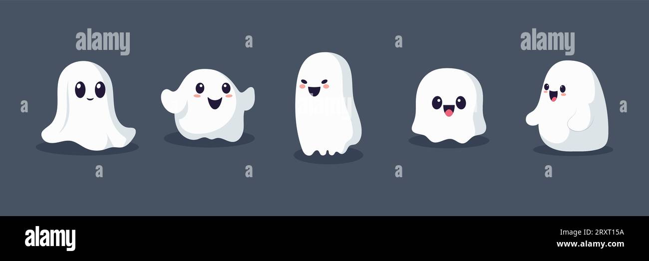 Set of ghosts with scary smiling faces for Halloween. Vector flat style ...