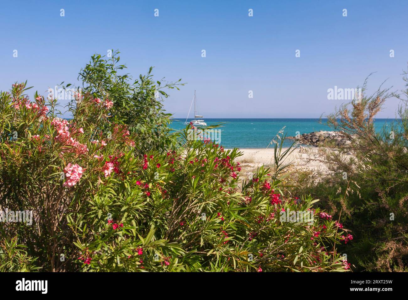 A cruising catamaran anchored off the beach at Roccella Ionica ...