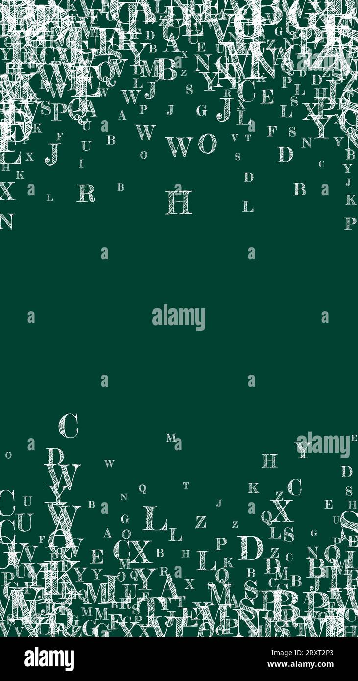 School notebook cover. White chalk floating letters of Latin alphabet ...