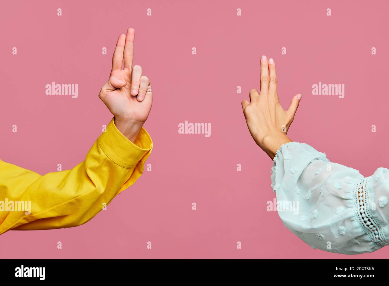 Poster. Salut. Two hands, male and female, showing gesture, fingers ...