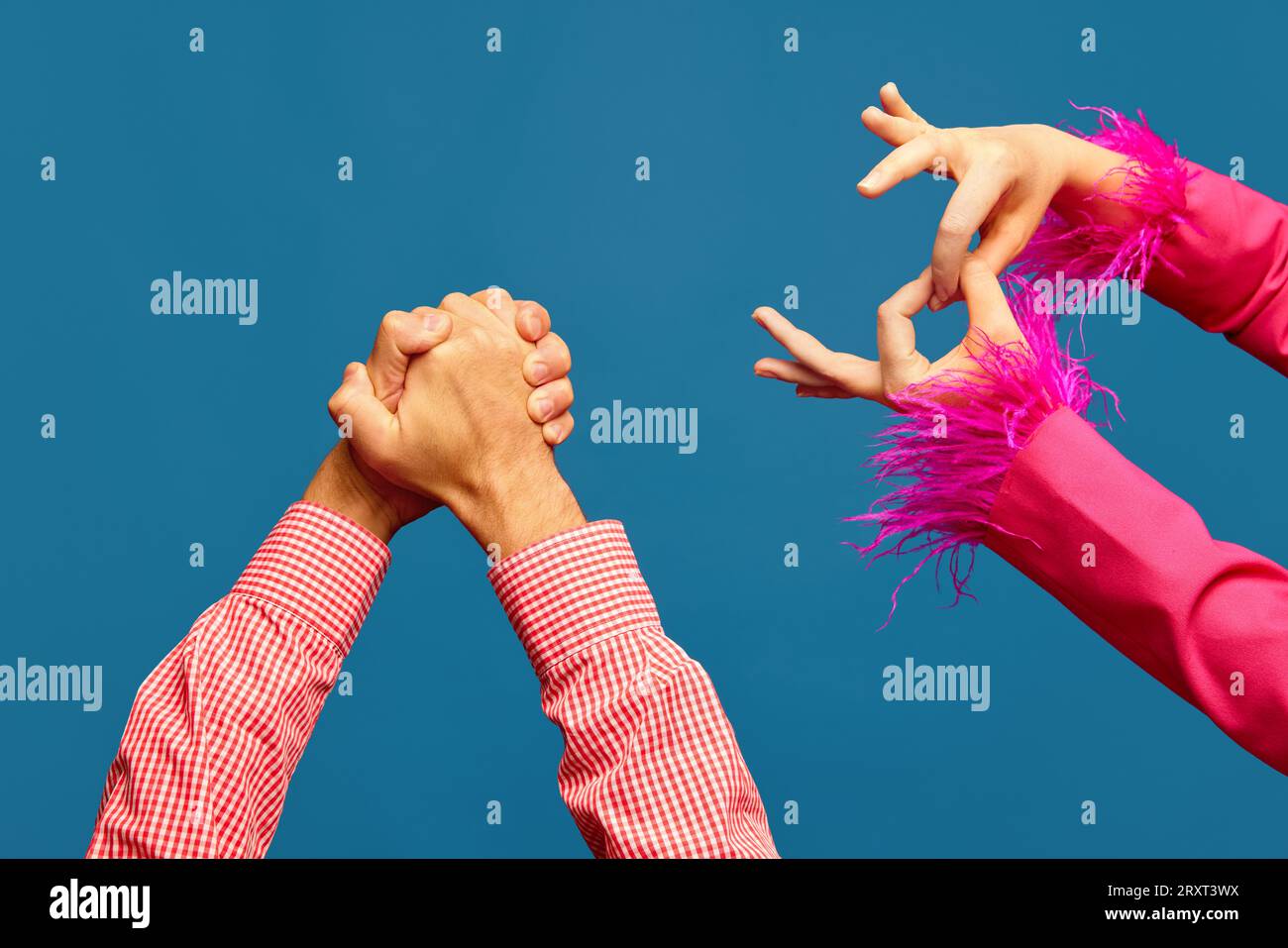 Poster. Two hands, male showing support gesture, female demonstrate ...