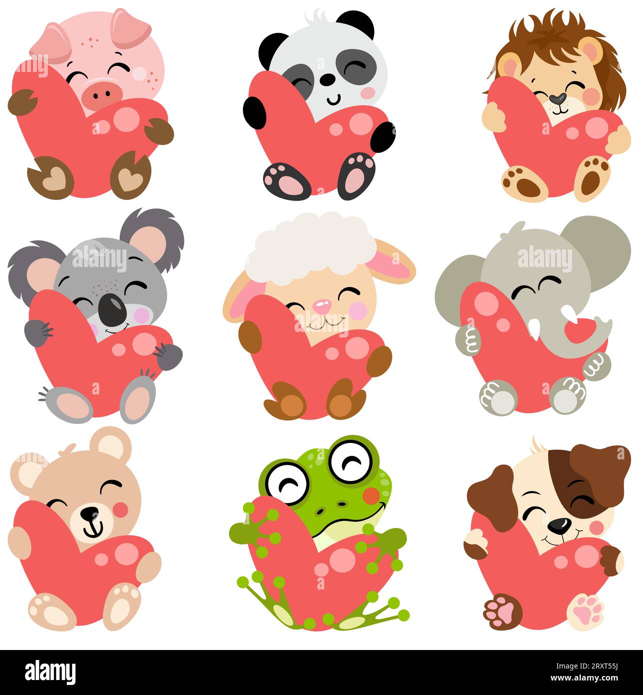 Set of cute animals sitting holding a big heart Stock Photo - Alamy