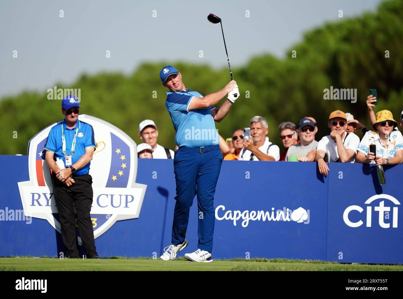 Team Europe's Sepp Straka tees off the 11th during a practice round at ...
