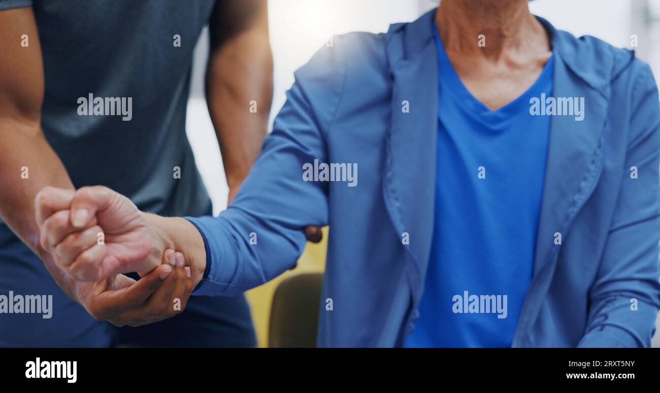 Hands, physiotherapy and recovery with a patient training while ...