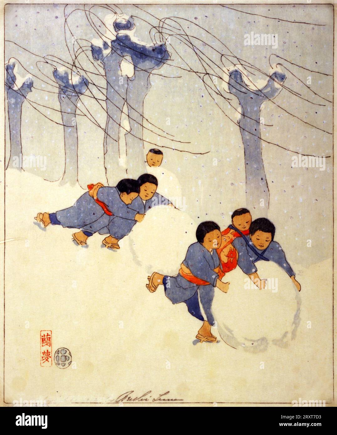 Japanese children rolling large snow balls hi-res stock photography and ...