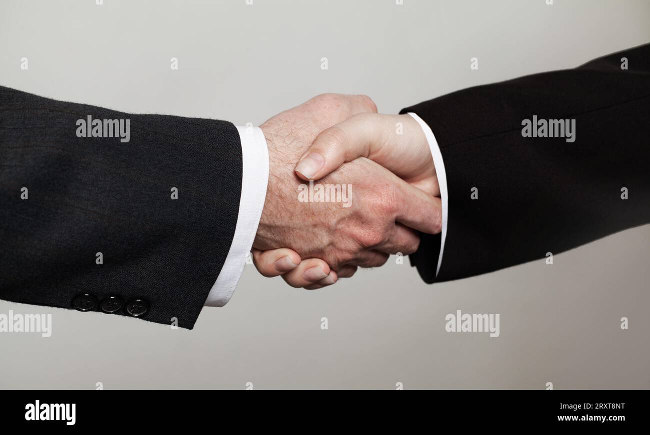 Business handshake. Business people shaking hands on grey background ...