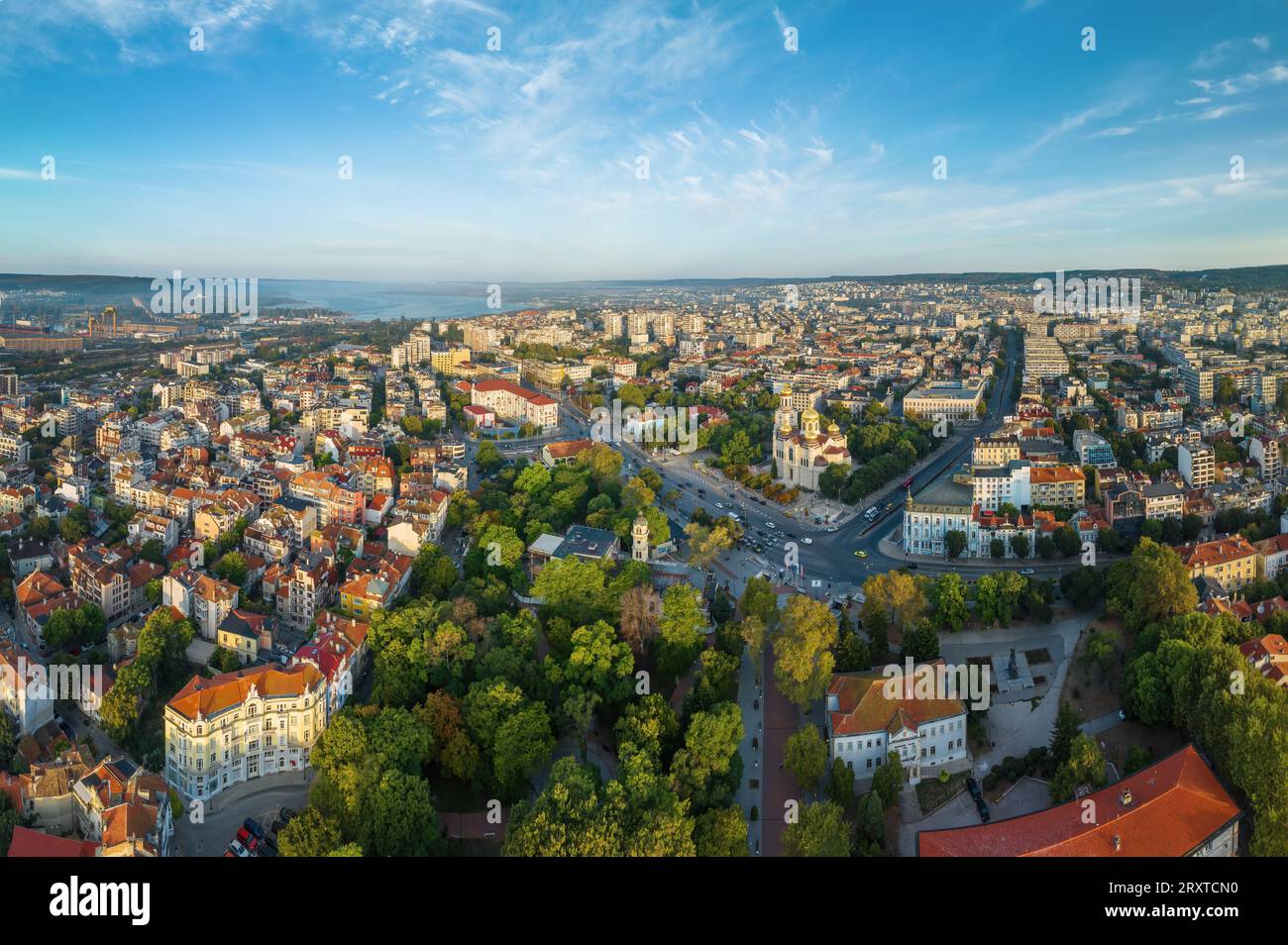 Aerial view above downtown of Varna, Bulgaria. Cityscape landscape ...