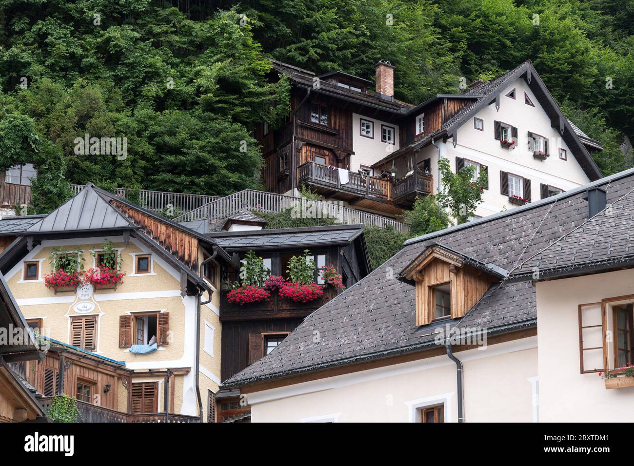 Historic centre of Hallstatt, Upper Austria, Austria, is called one of ...