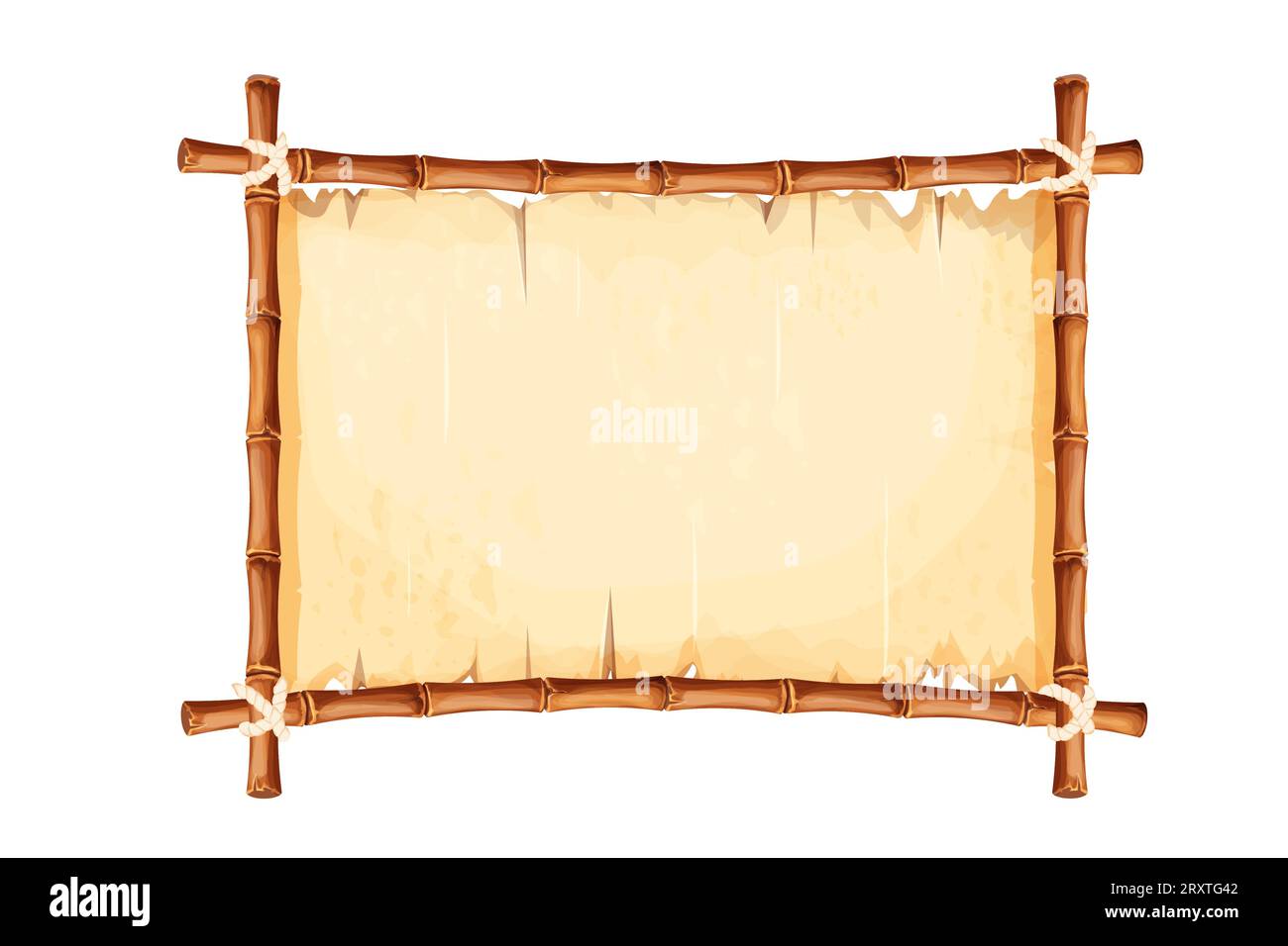 Bamboo frame with old parchment paper decorated with rope in cartoon ...