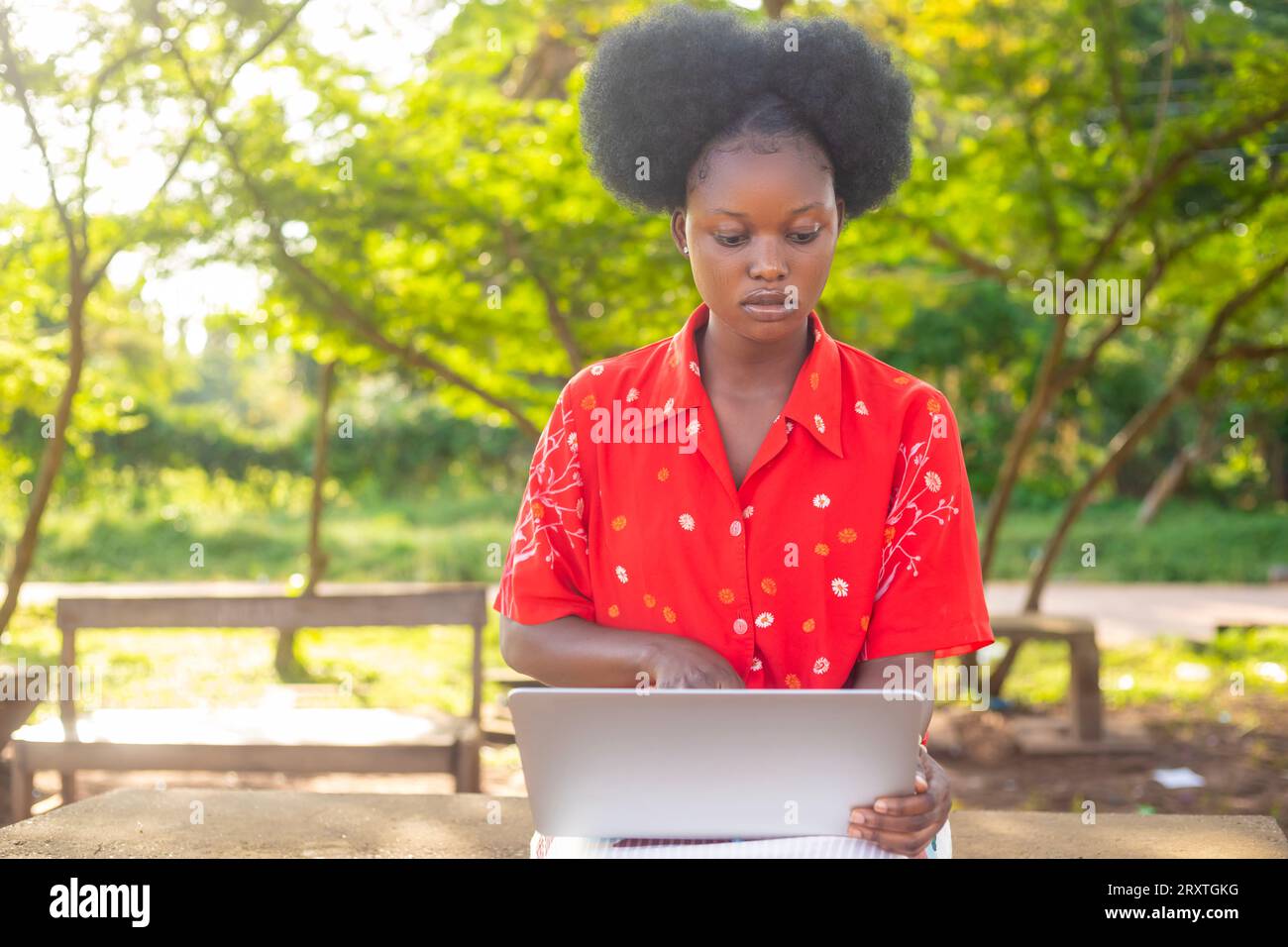 Teen girl studying with a laptop outdoor Stock Photo - Alamy