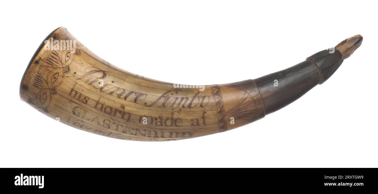 An engraved powder horn with stopper. The ox horn is carved with images ...