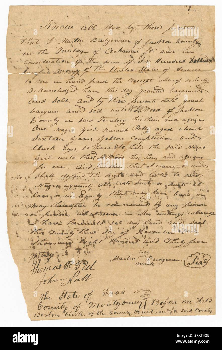 Slave Bill of Sale. Hand-written, two-sided document transferring ...