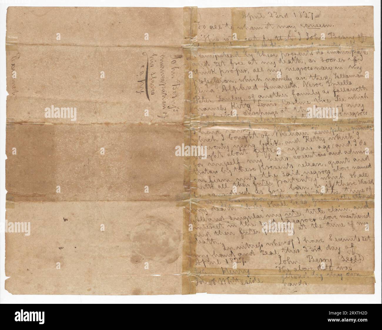 Manumission paper. Hand-written, two-sided, folded document ...