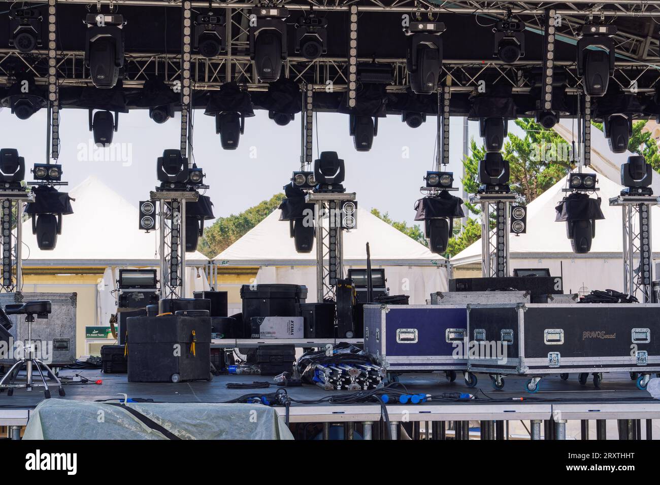 Empty outdoor real concert stage including robotic scenic lights setup ...