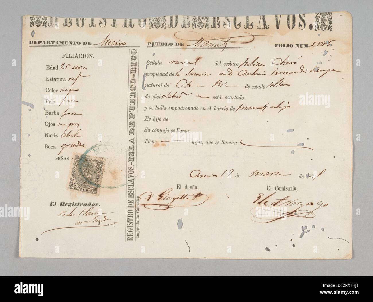 Puerto Rican Slave Registration form number 2508 for Julian Charó March ...