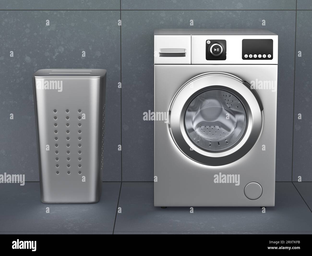 Silver front load washing machine and laundry hamper Stock Photo - Alamy