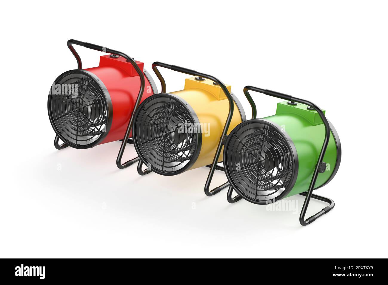 Three industrial electric fan heaters with different colors on white ...