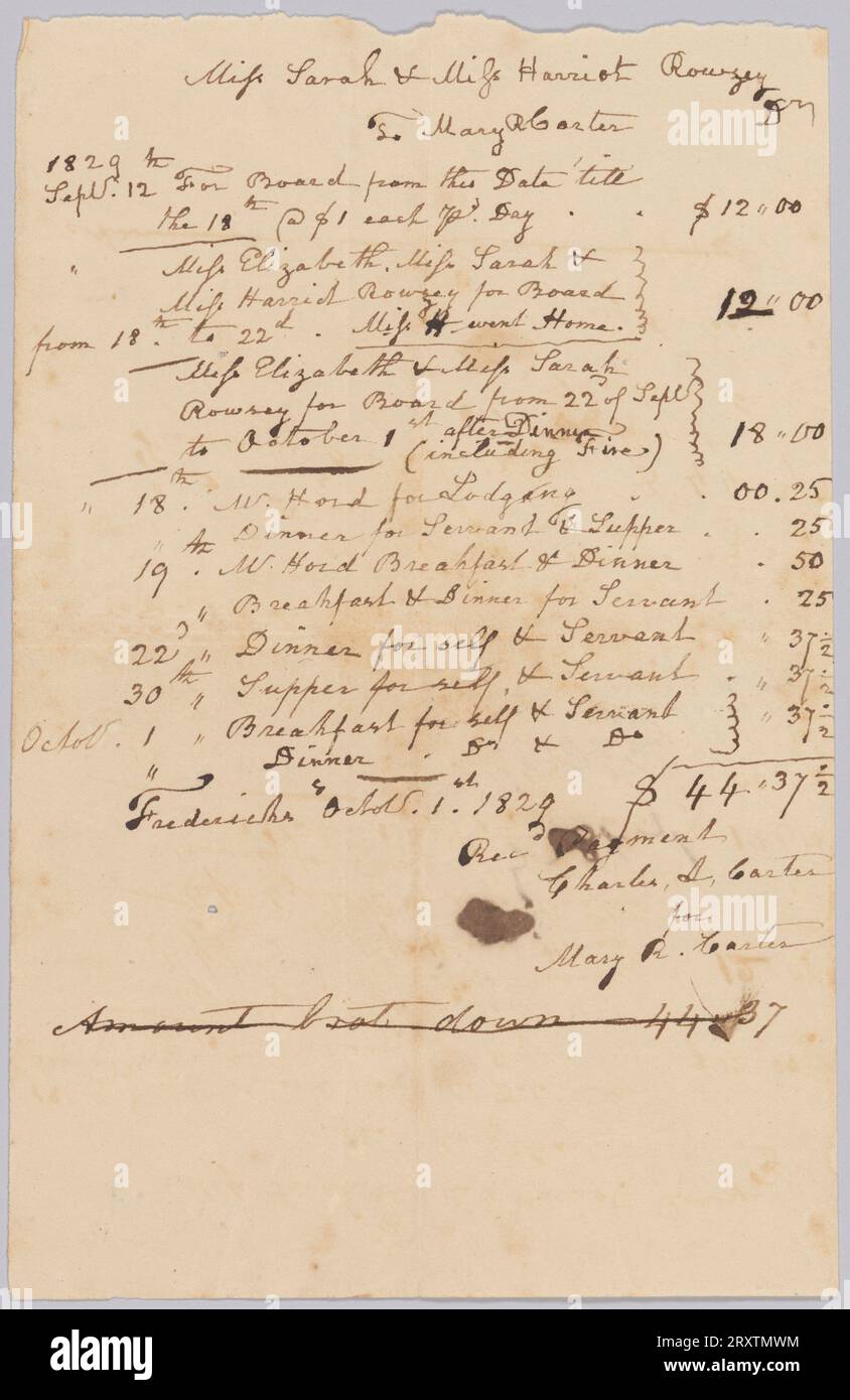 Invoice and receipt for room and board of Sarah and Harriet Rouzee and ...