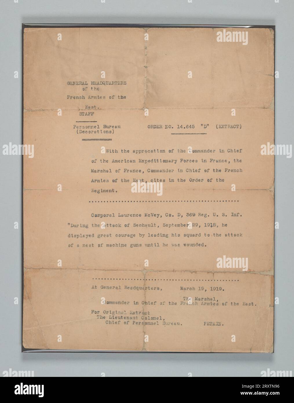 Order of Commendation from the Commander of the French Armies of the ...