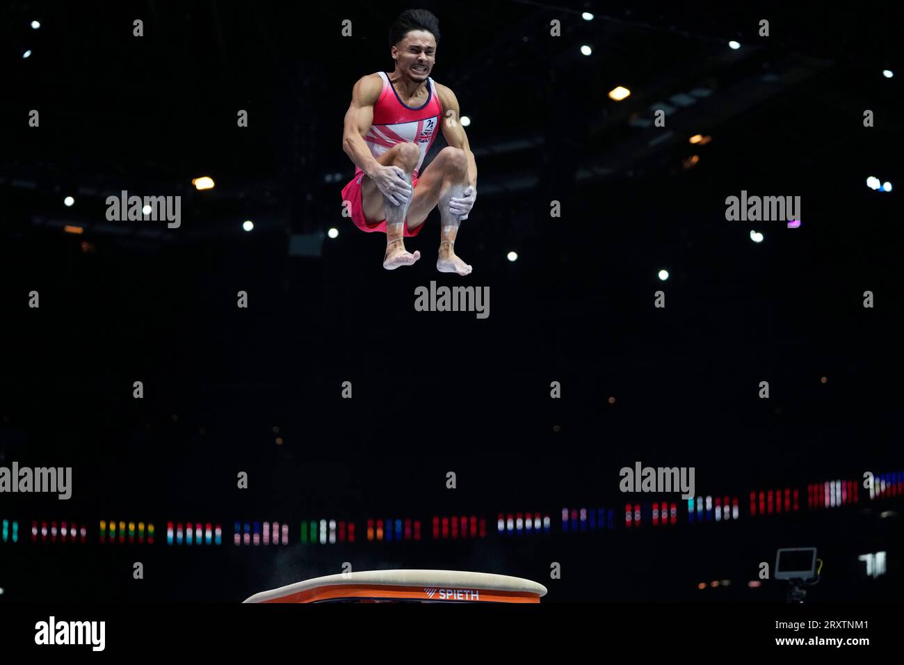 Great Britain's Jake Jarman practices on the vault during podium ...