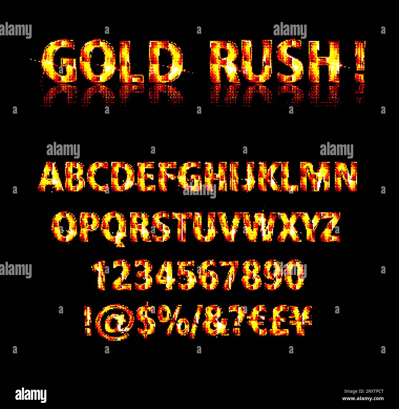 Gold rush. Gold alphabetic fonts and numbers on a black background ...