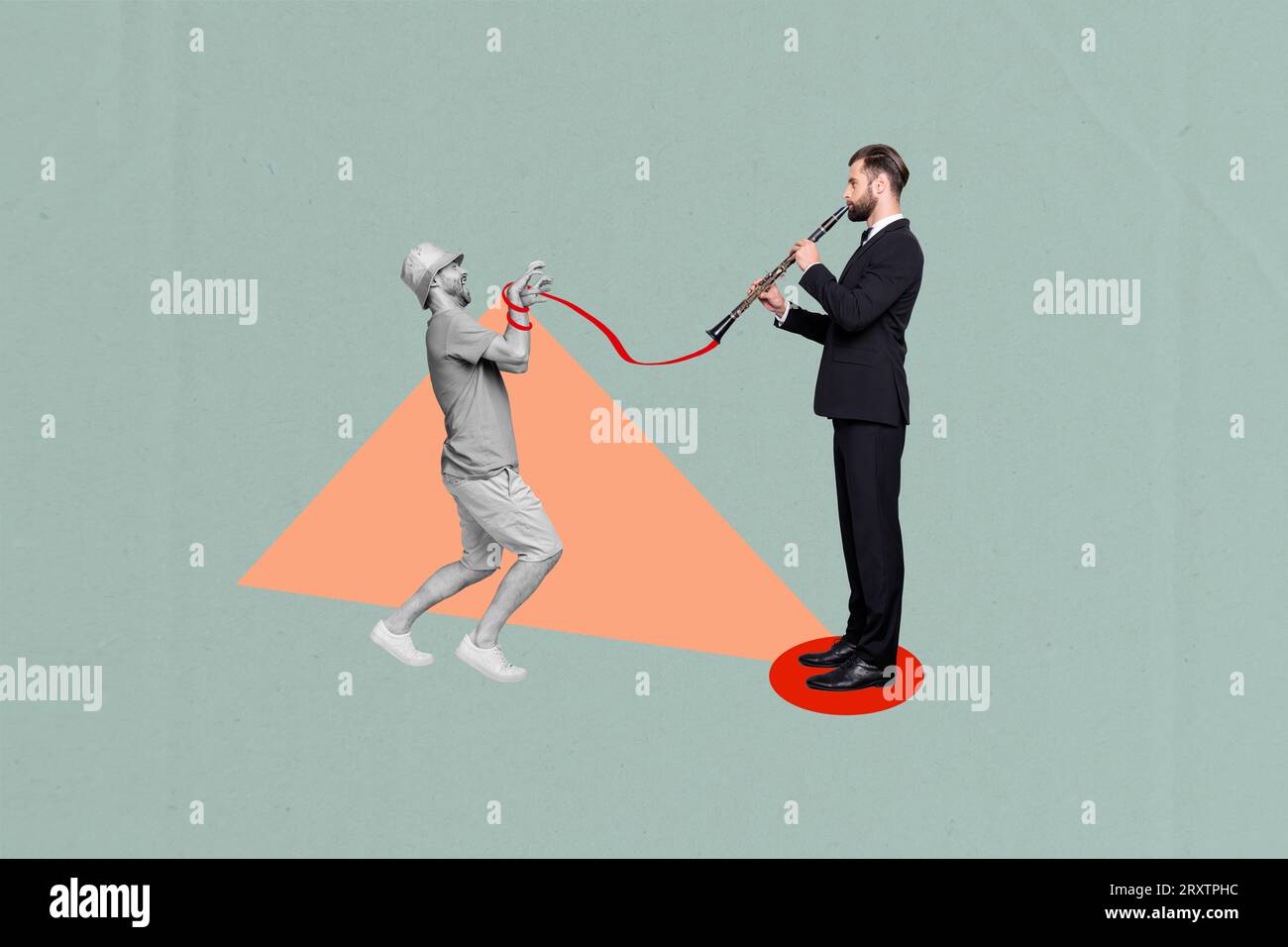 Creative collage artwork of young funny employee communicate with ...