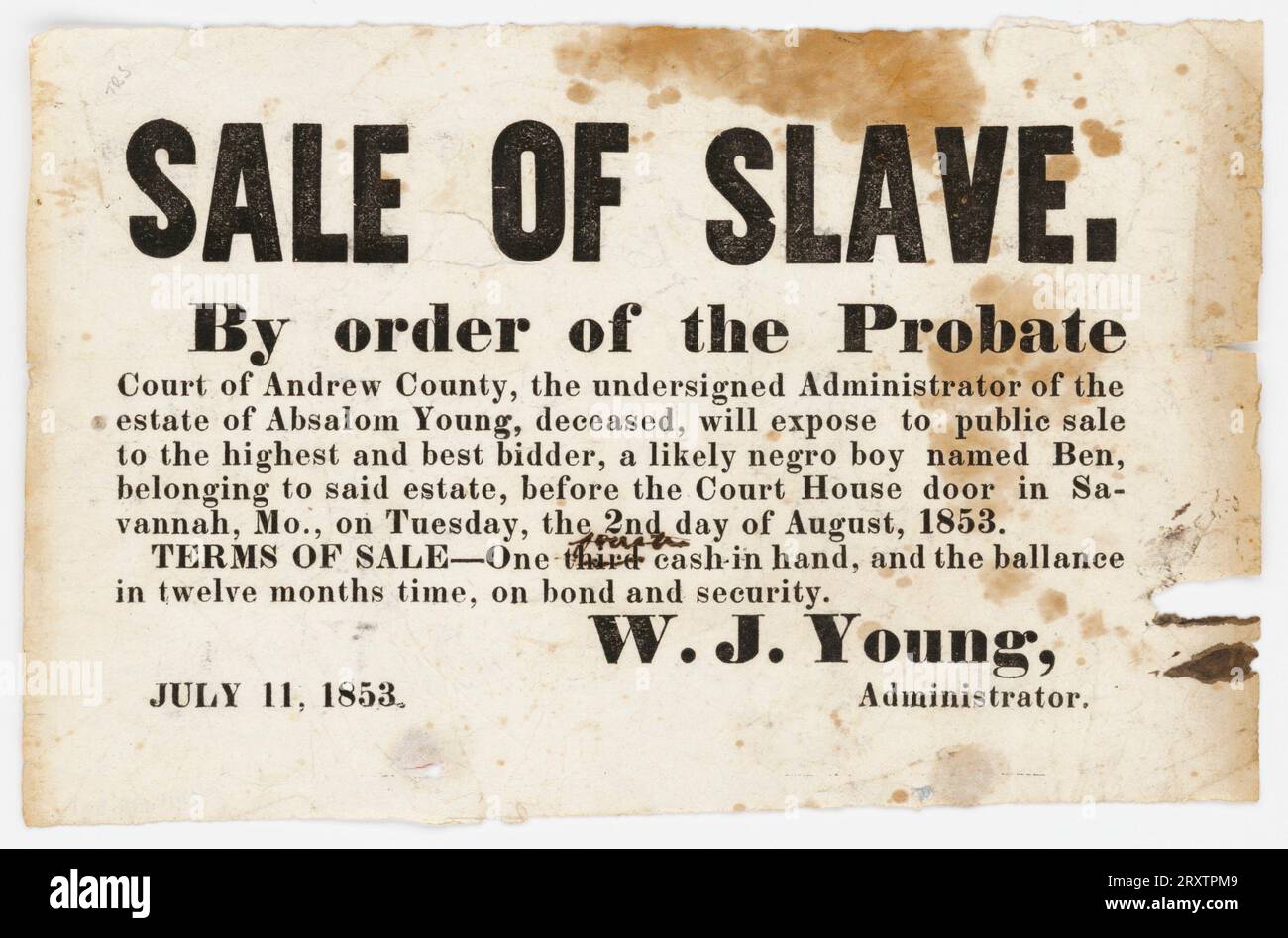 Made by unknown printerSlave sale broadside with the caption: "Sale of ...