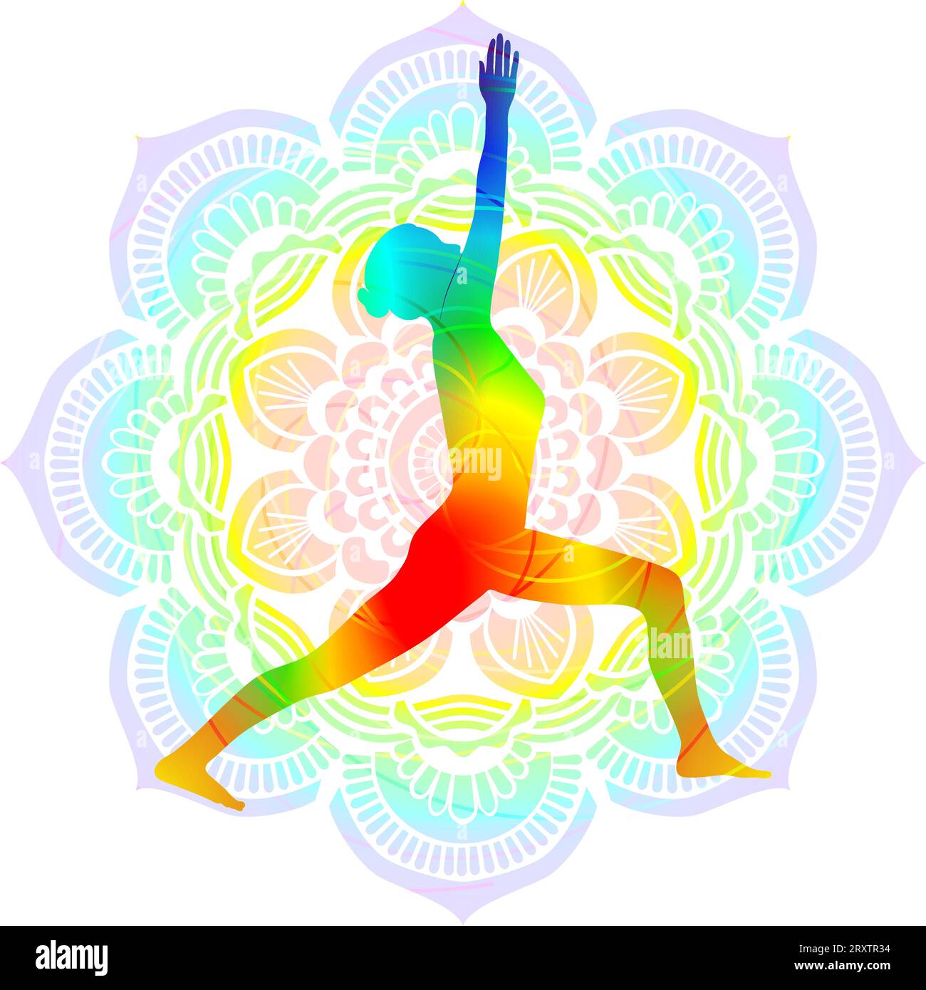 Colorful silhouette yoga posture. Warrior 1 with Gaze Up pose ...