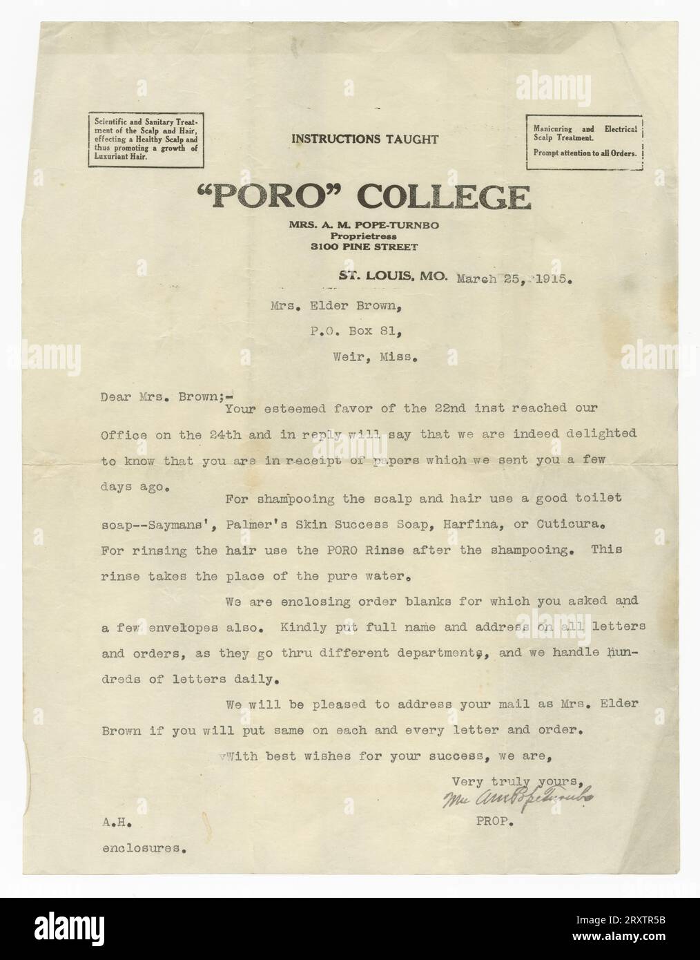 Letter to Lucille Brown from Annie Malone Pope-Turnbo March 25, 1915 ...