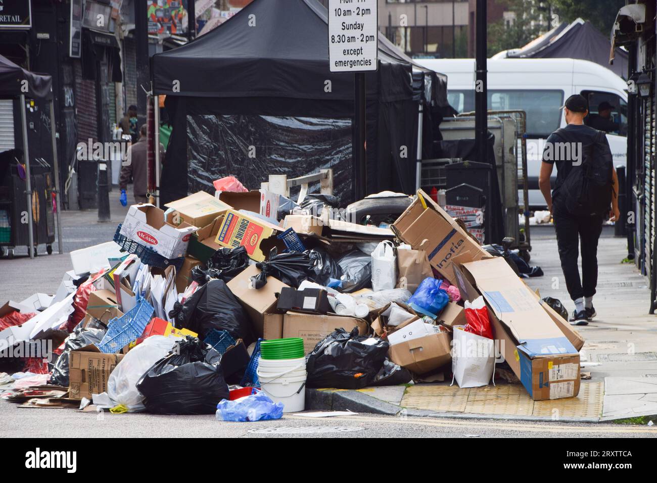 September 27, 2023, London, England, UK: Huge piles of garbage line the ...