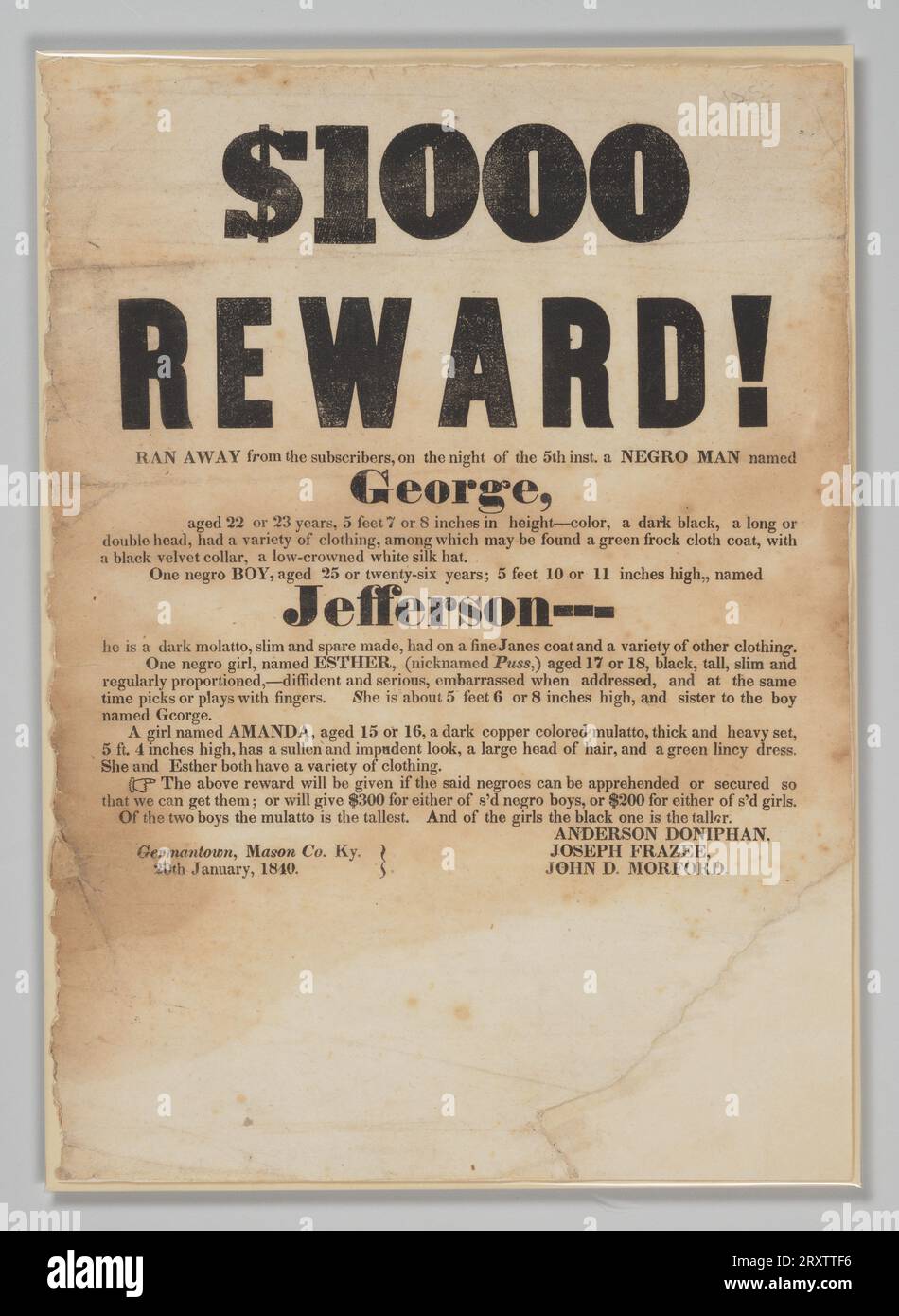 Broadside offering reward for capture of George, Jefferson, Esther, and ...