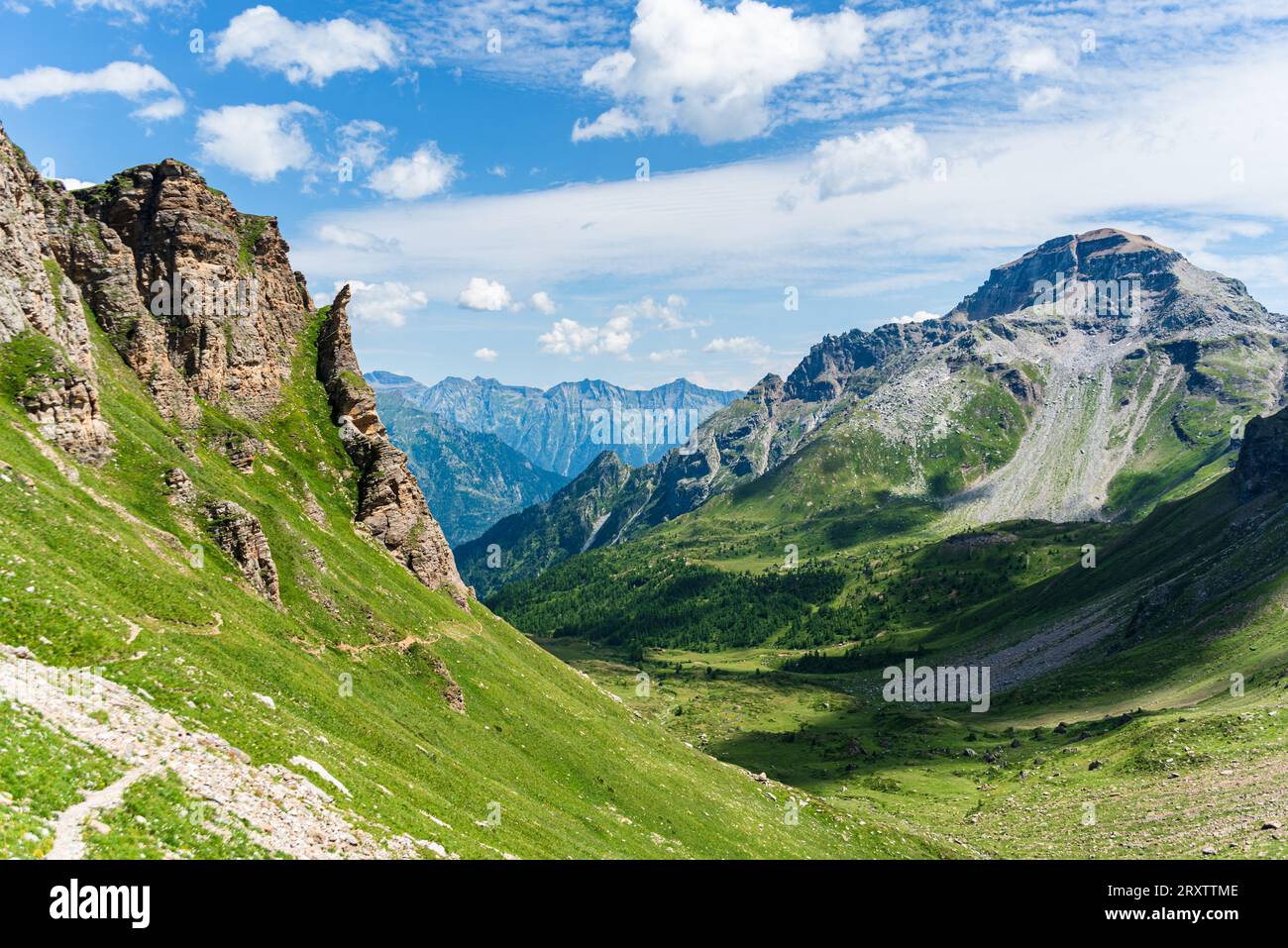 Impressive alpine mountain panorama of cliff like rocks, following the ...