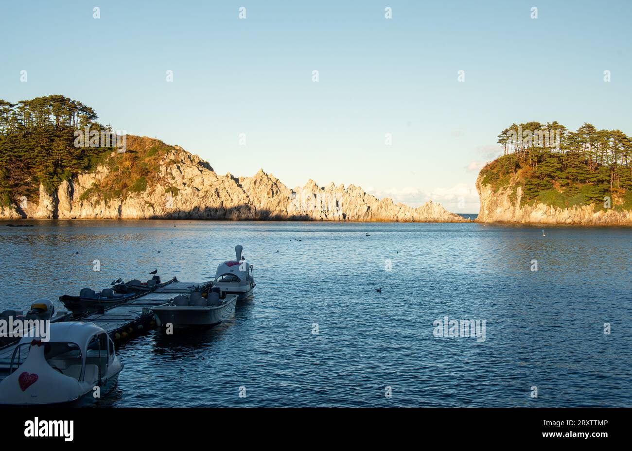 Sunset panoramic view of the white cliffs of Jodogahama, Miyako Bay ...