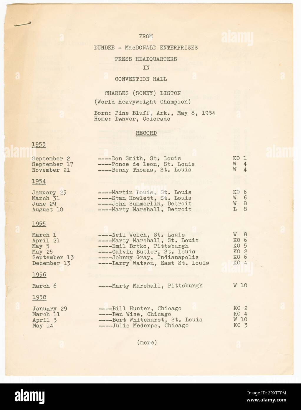 Document listing Sonny Liston's win-loss record February 1964 Stock ...