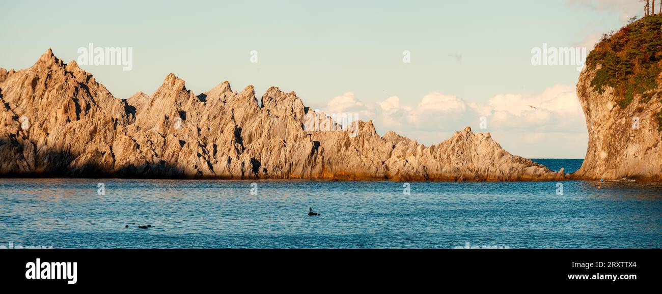 Sunset panoramic view of the white cliffs of Jodogahama, Miyako Bay ...