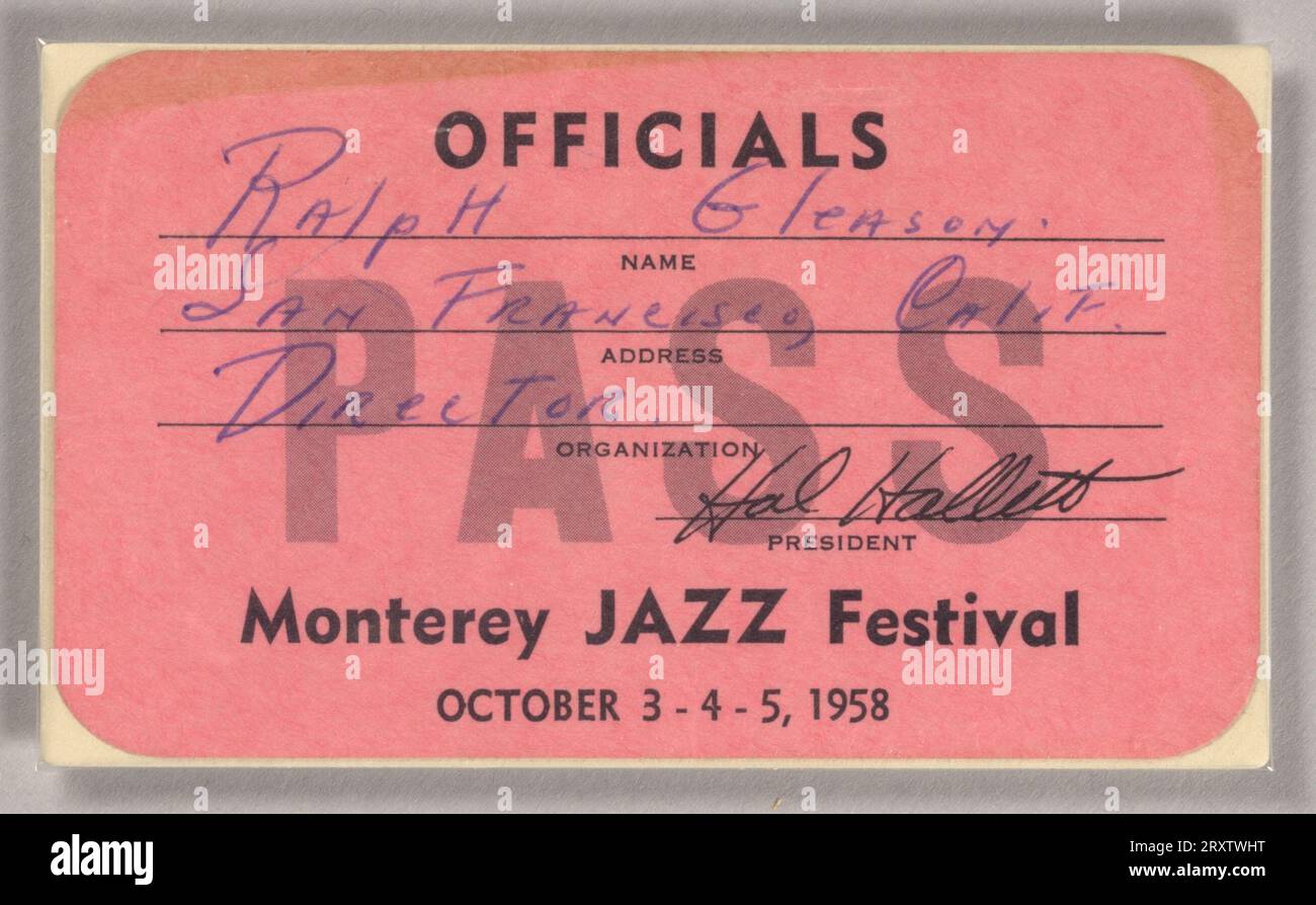 Official pass for the Monterey Jazz Festival 1958 Stock Photo - Alamy