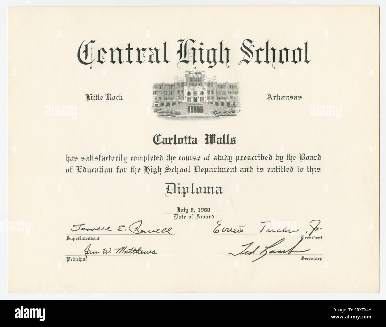 The diploma that Carlotta Wall LaNier received upon graduation from ...