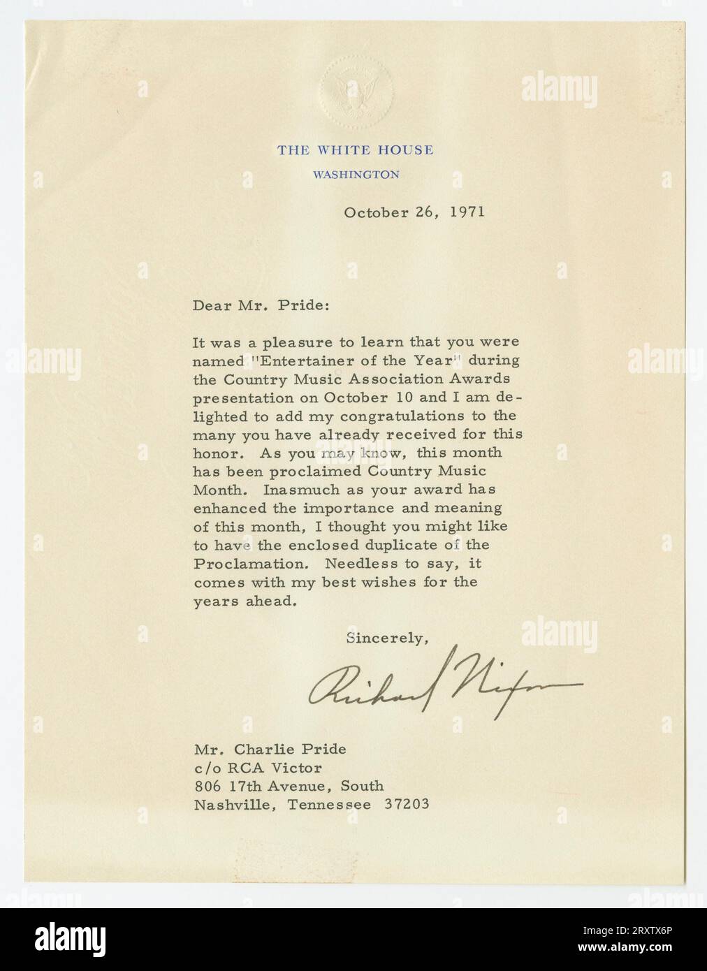 Letter from Richard Nixon to Charley Pride on the occasion of Pride ...
