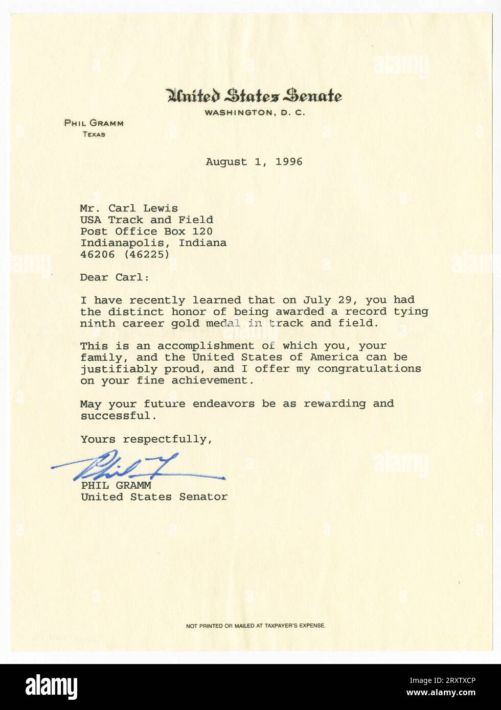 Typed letter from Phil Gramm, US Senator from Texas, to Carl Lewis ...