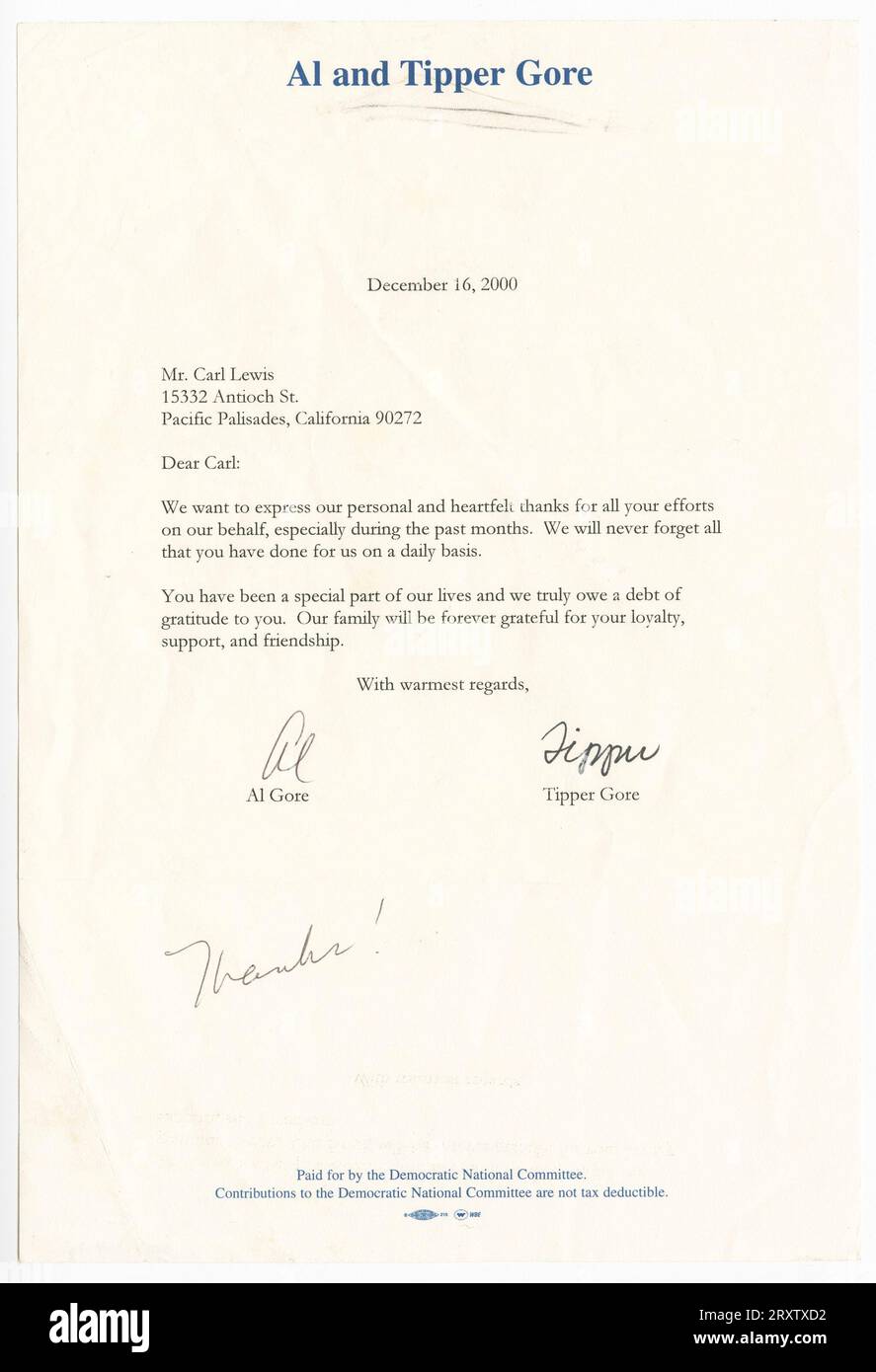Typed letter from Al and Tipper Gore to Carl Lewis, signed by Al and ...