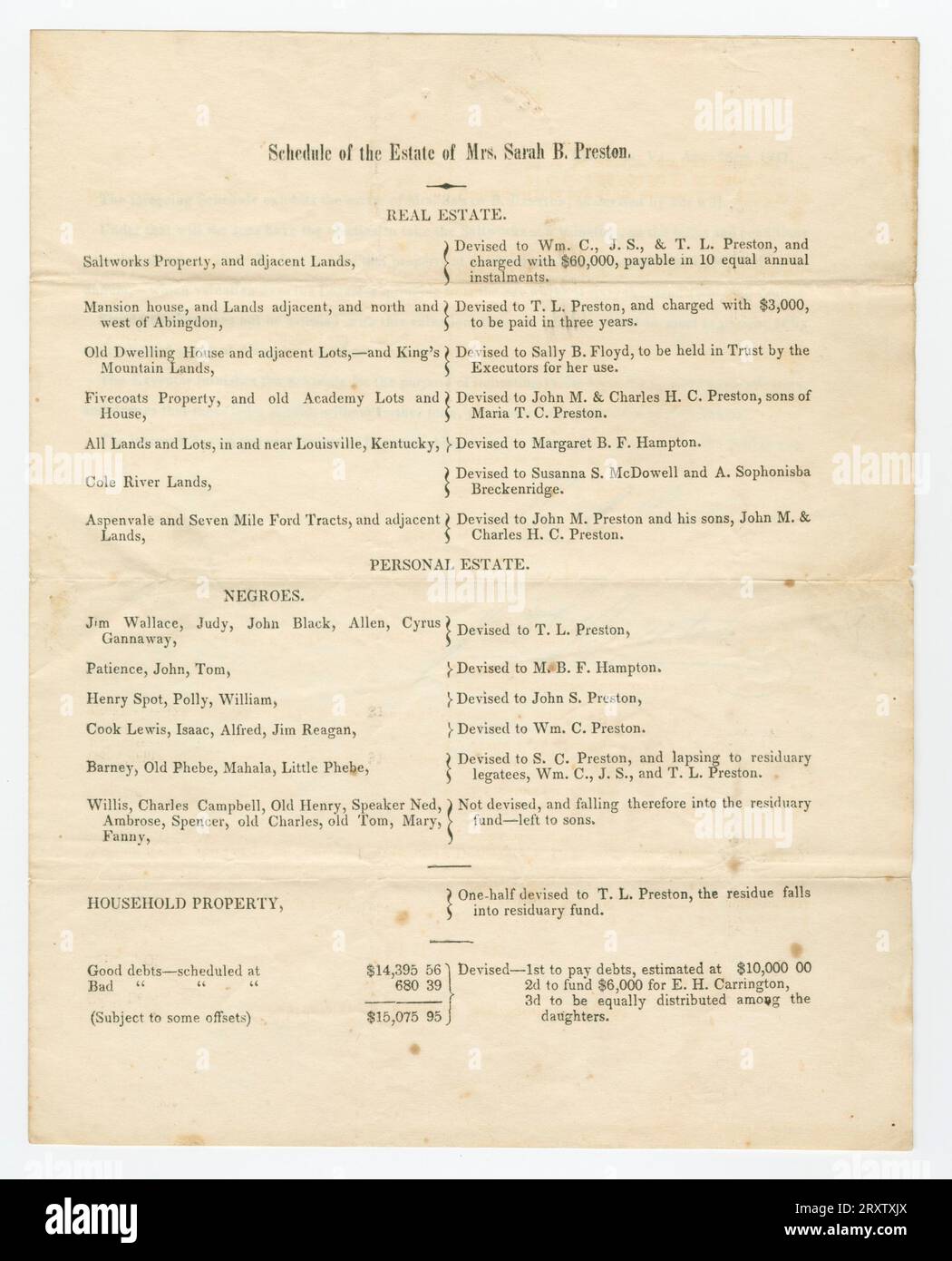 Printed document outlining the division of the estate of Mrs. Sarah B ... Printed document outlining the division of the estate of Mrs. Sarah B ...