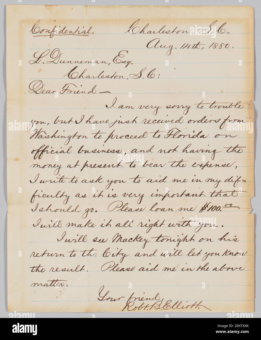 Letter from Robert B. Elliott to L. Dunneman August 4, 1880 Stock Photo ...