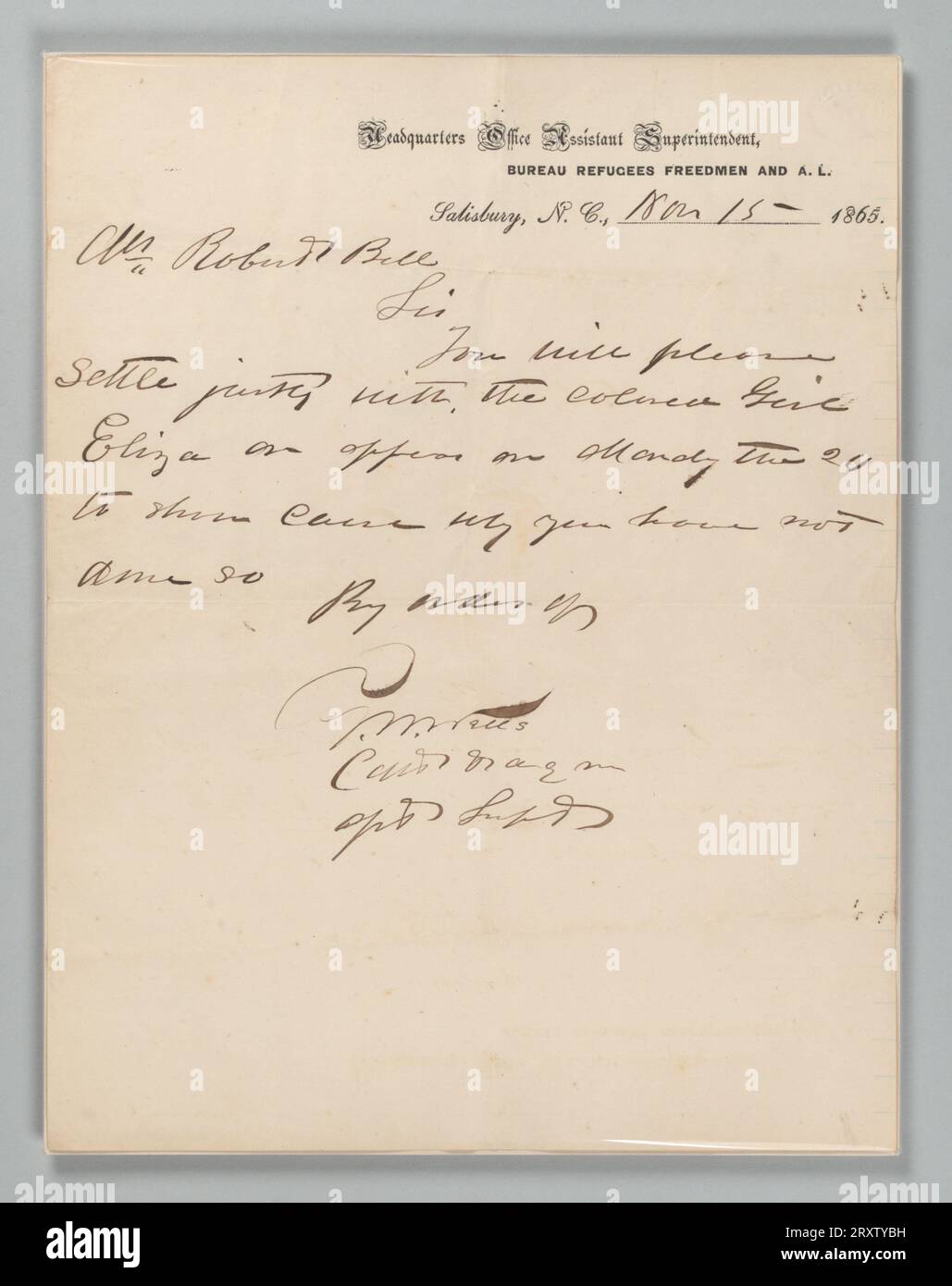 Letter written to Robert Bell from the Freedmen's Bureau November 15 ...
