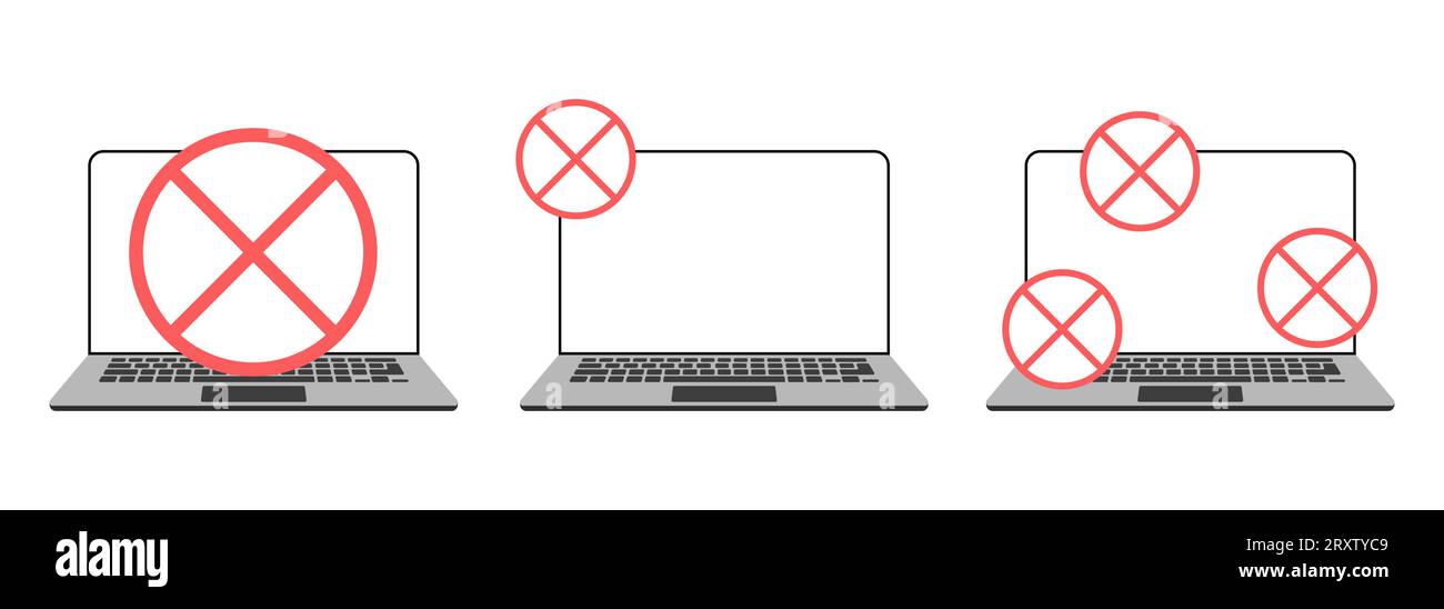Banned laptop sign. Warning, laptop with forbidden sign on screen ...