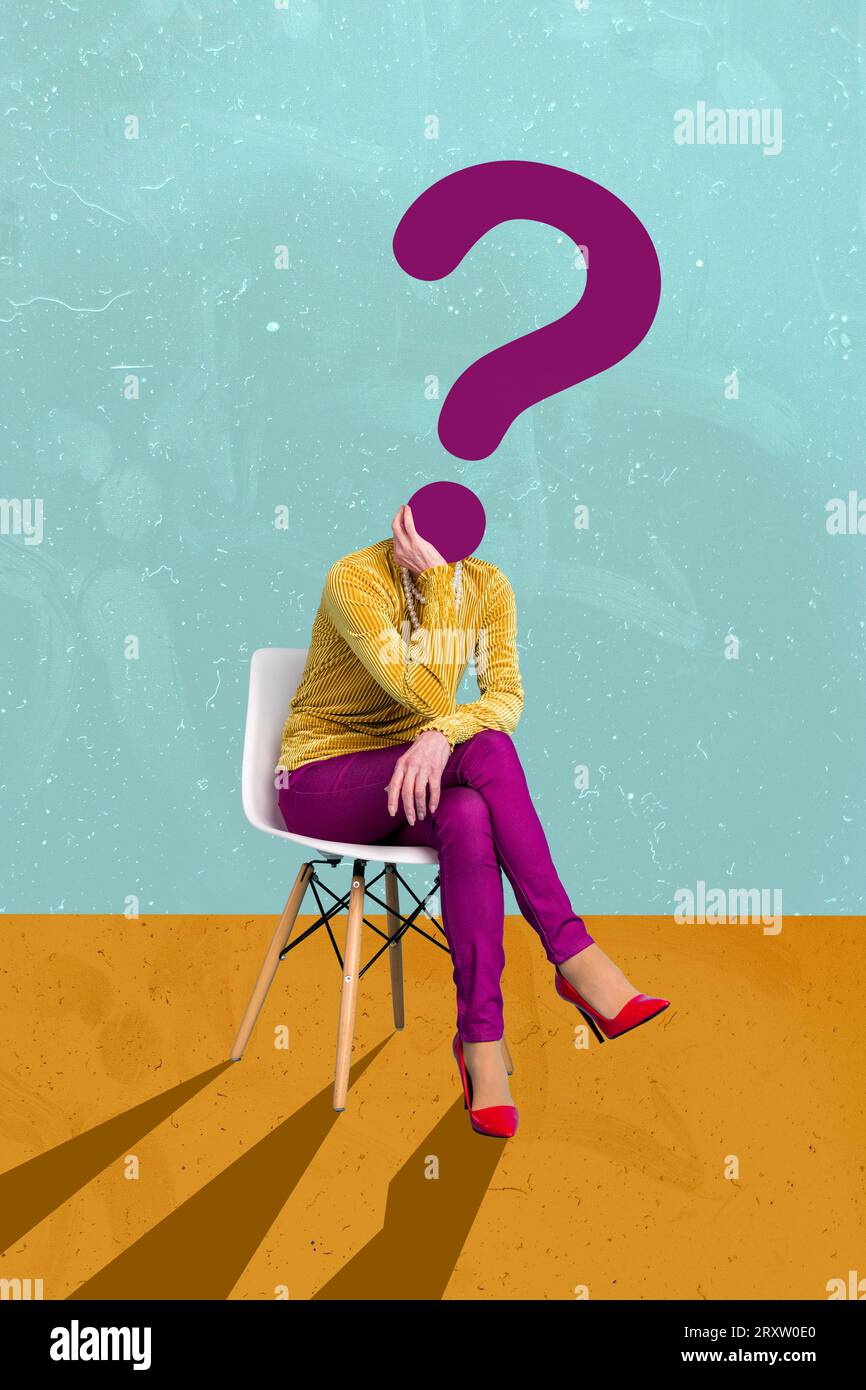 Vertical collage picture of minded girl sit chair big question mark ...